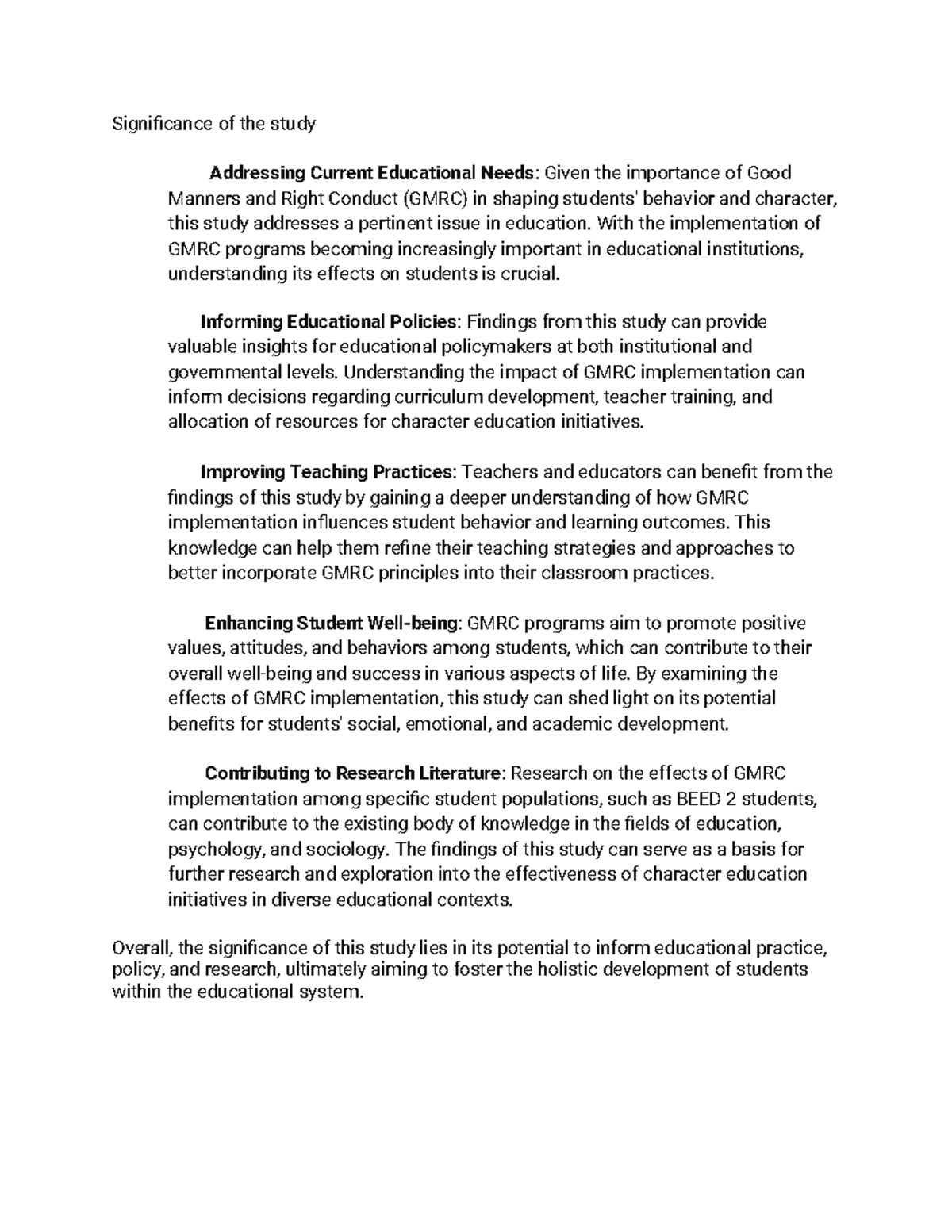 Research - Significance of the study Addressing Current Educational ...