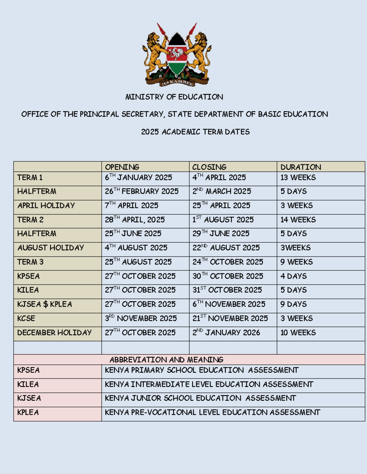 2025 Academic TERM Dates - MINISTRY OF EDUCATION OFFICE OF THE ...