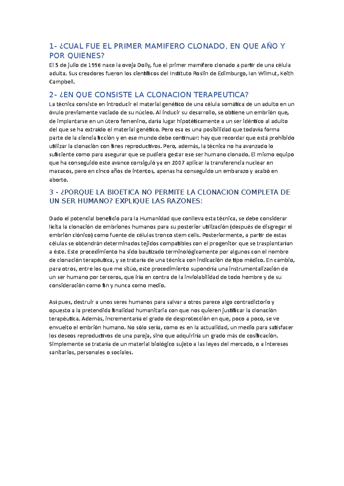 Etica Y Clonacion gghghg ghhgh gyggygyg - 1- ¿CUAL FUE EL PRIMER ...