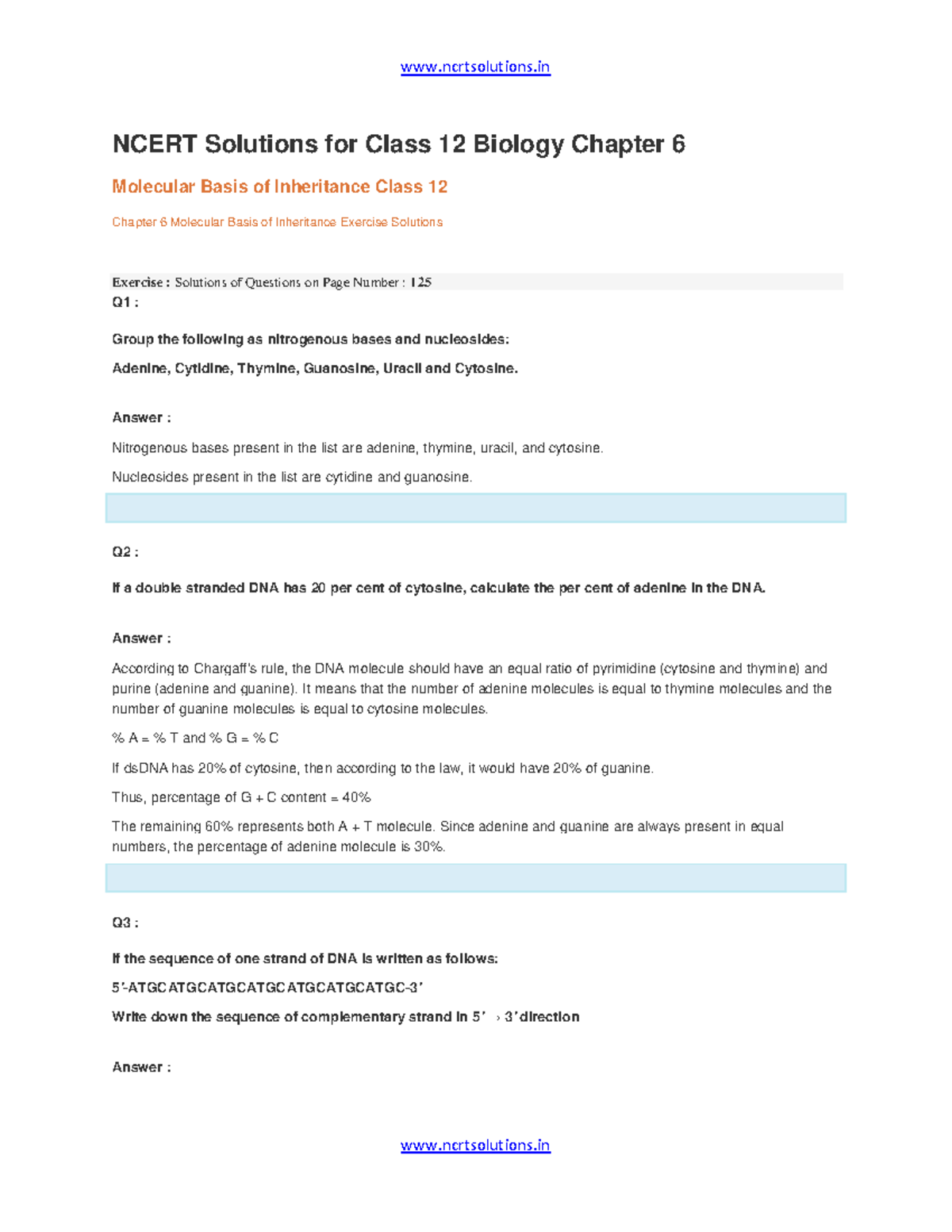Chapter 6 molecular basis of inheritance - NCERT Solutions for Class 12 ...