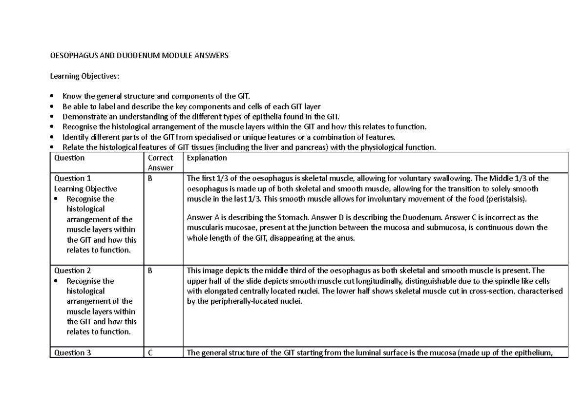 Oesophagus AND Duodenum Module Answers (Autosaved) - OESOPHAGUS AND ...