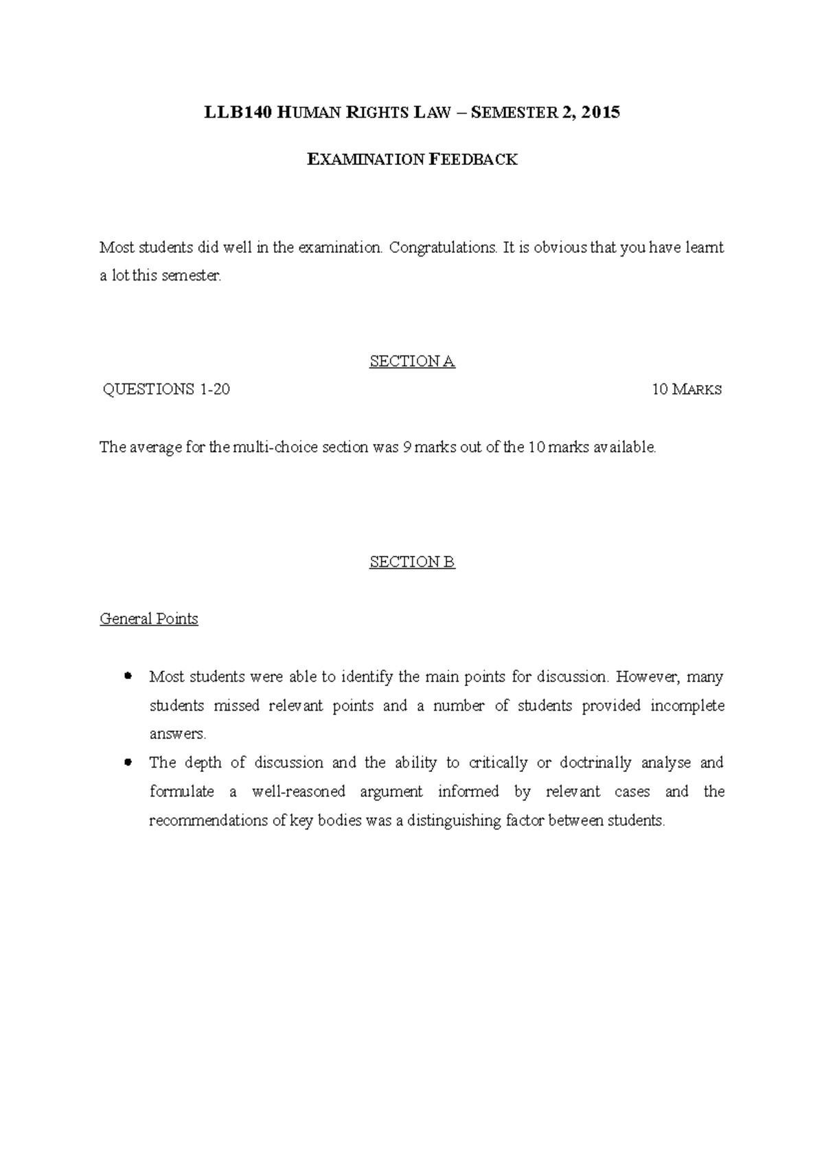 LLB140 Exam Feedback Sem 2 2015 (1) - LLB140 HUMAN RIGHTS LAW ...