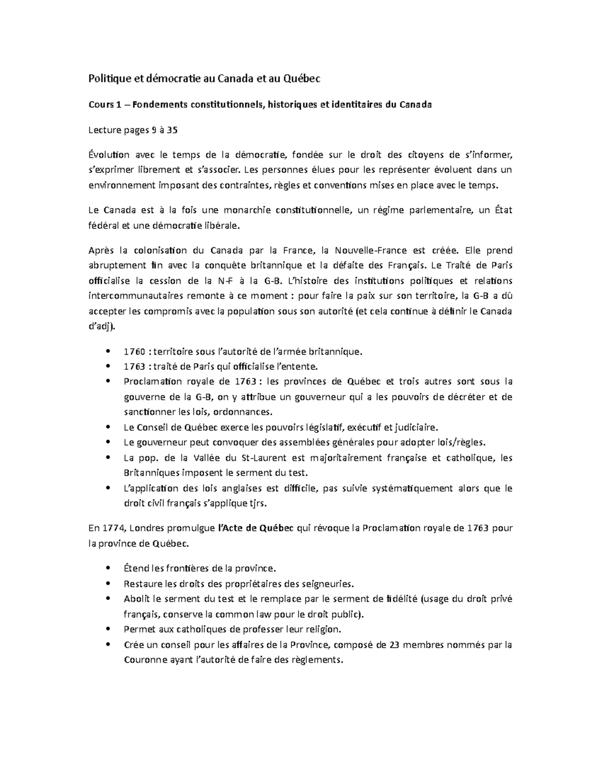 Notes de cours - module 1 à 7 - Politique et démocratie au Canada et au ...
