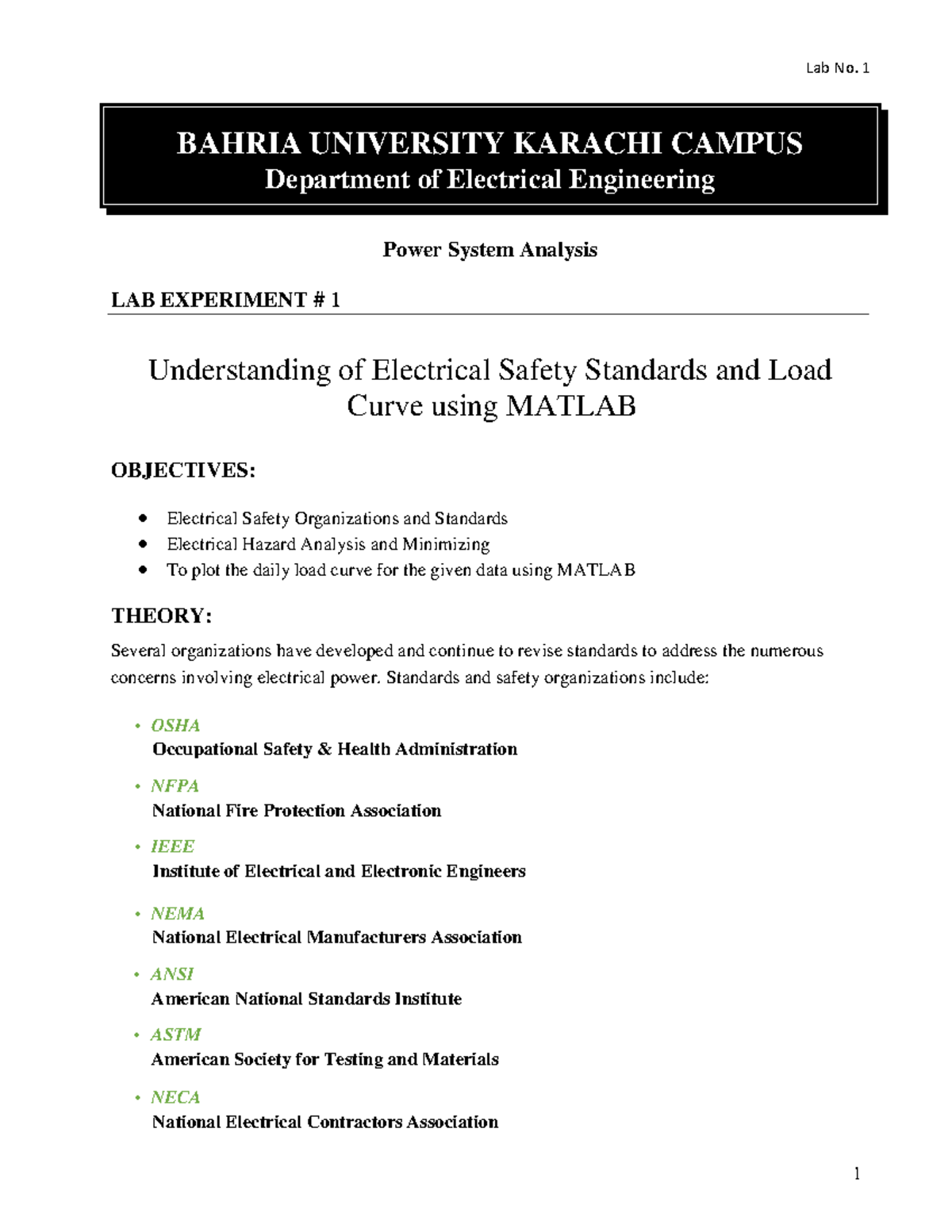 Lab 1 Electrical Safety Load Curve - Power System Analysis LAB ...
