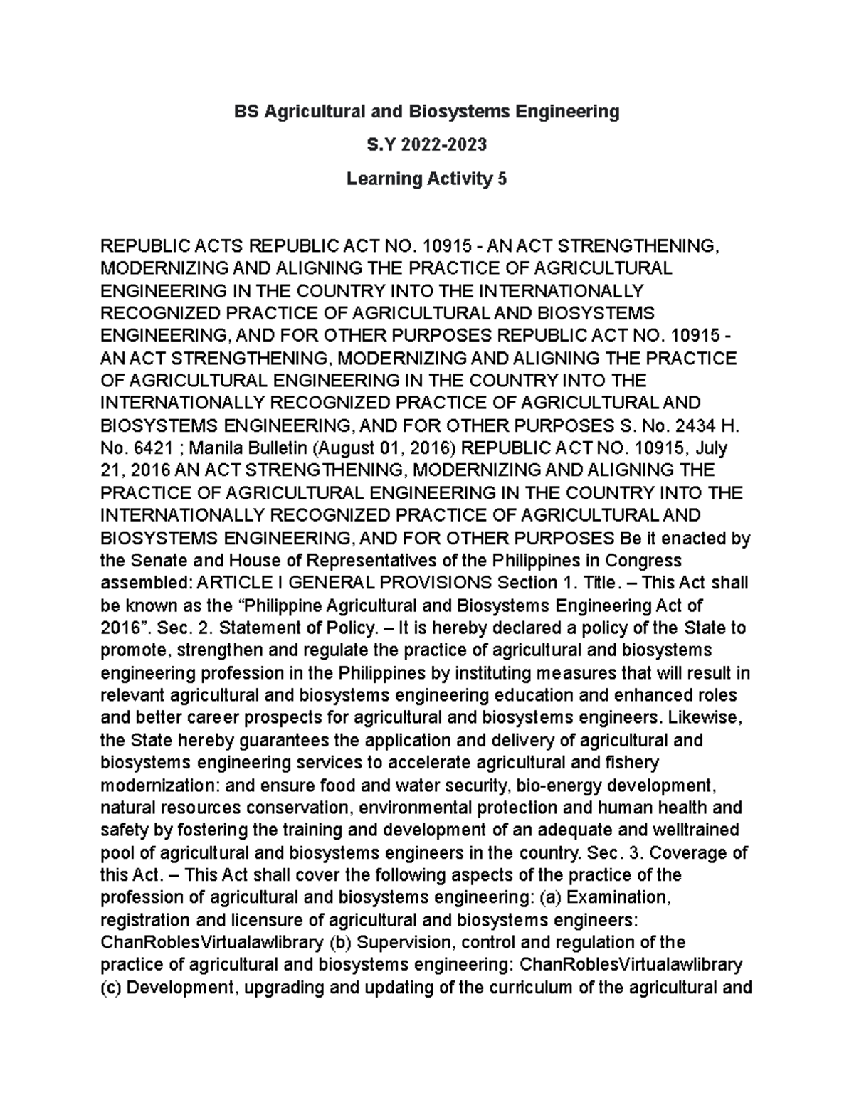 BS Agricultural and Biosystems Engineering Learning Activity 5 - 10915 ...