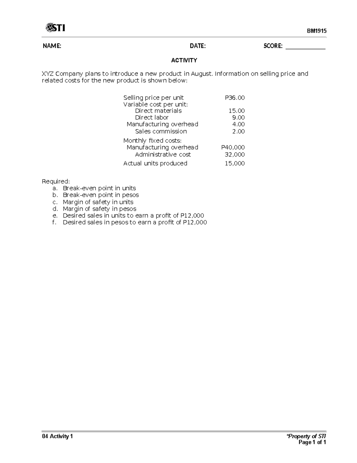 04 Activity 1(3) - home work - BM ACTIVITY XYZ Company plans to ...