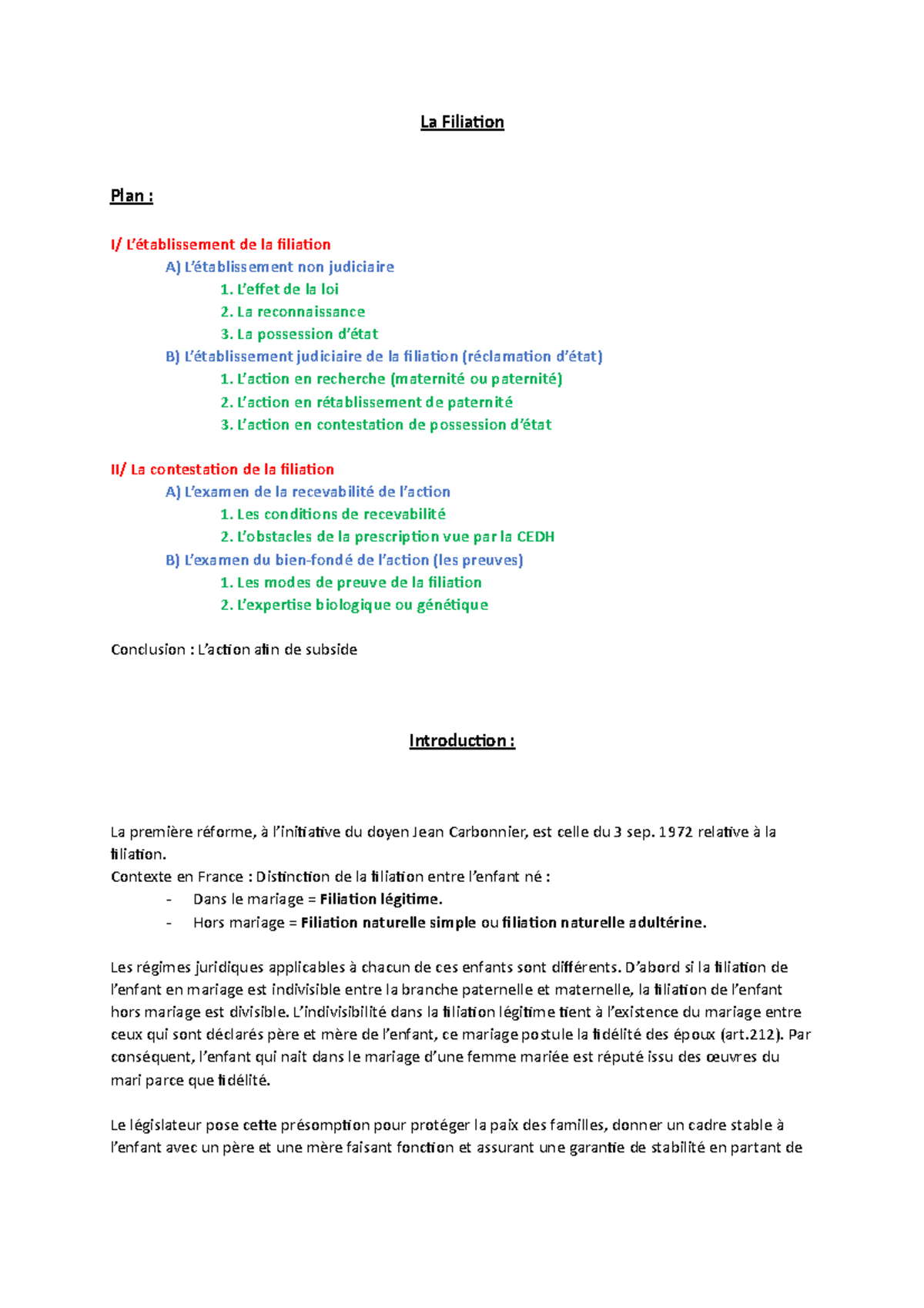 T6 La Filiation - Cours droit de la famille - La Filiation Plan : I/ L ...