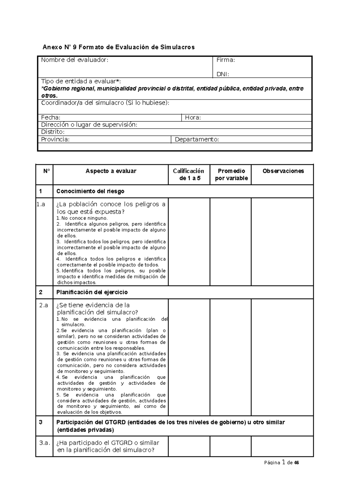 Anexo N° 09 - Formato de Evaluación de Simulacros - Anexo N° 9 Formato de Evaluación de ...
