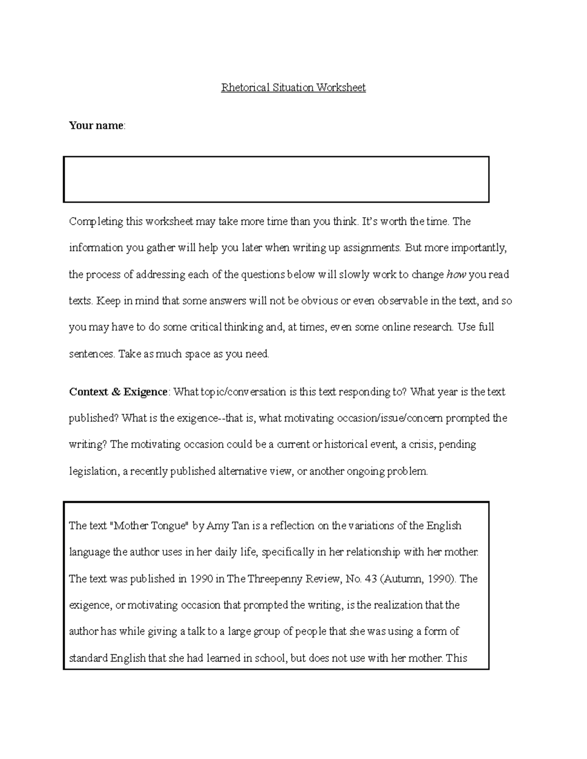 Rhetorical Situation Worksheet, Freshman Composition ENGL 11000 B2 ...