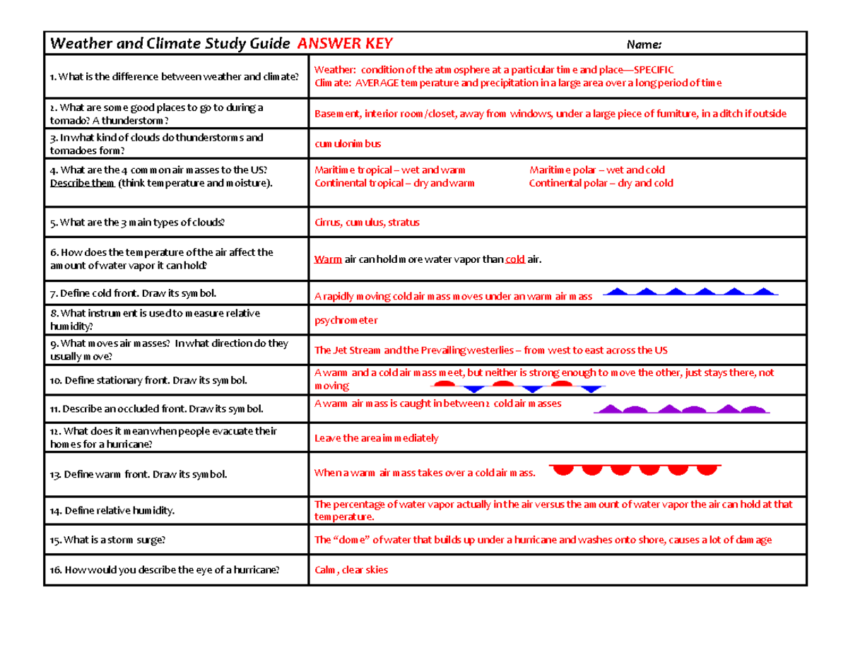 17.18 Weather and Climate Study Guide Answers - Weather and Climate ...