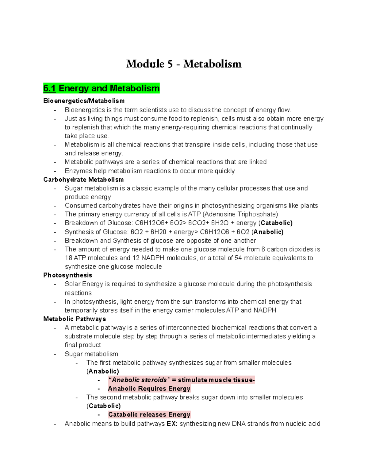Biology Module 5-8 - Dr. Clark - Module 5 - Metabolism 6 Energy and ...