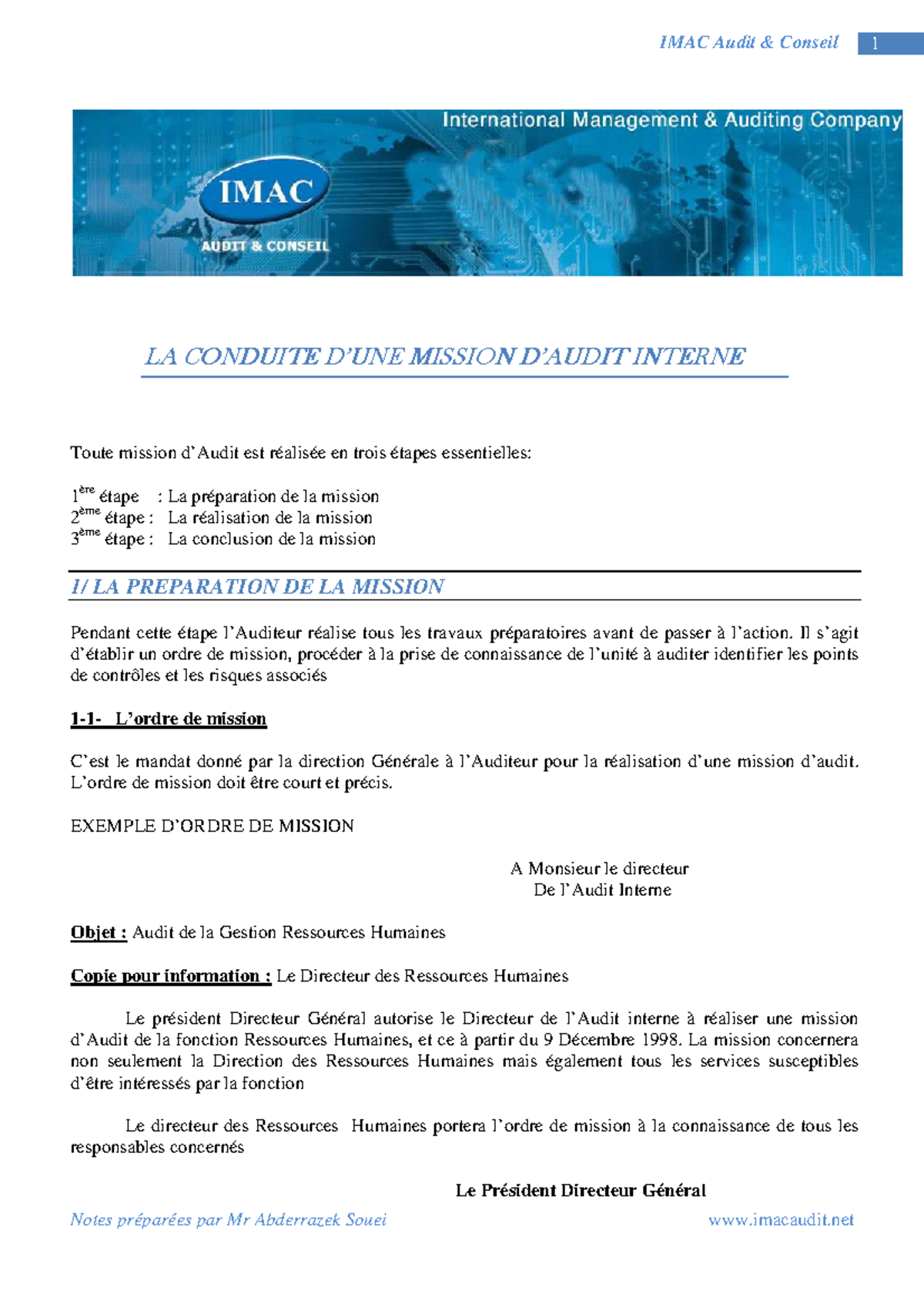 La conduite d une mission d audit interne - LA CONDUITE D’UNE MISSION D’AUDIT INTERNELA CONDUITE ...
