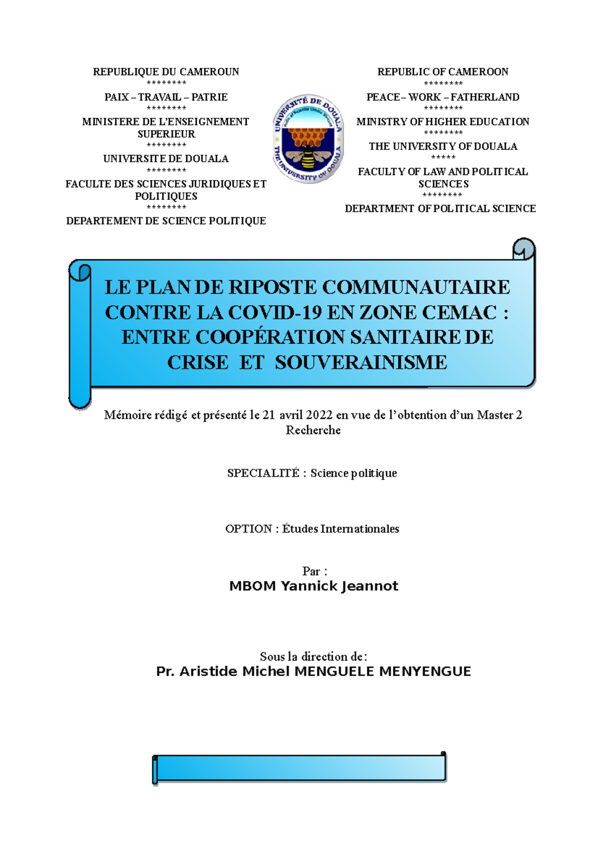 Première de couverture - Mémoire rédigé et présenté le 21 avril 2022 en ...