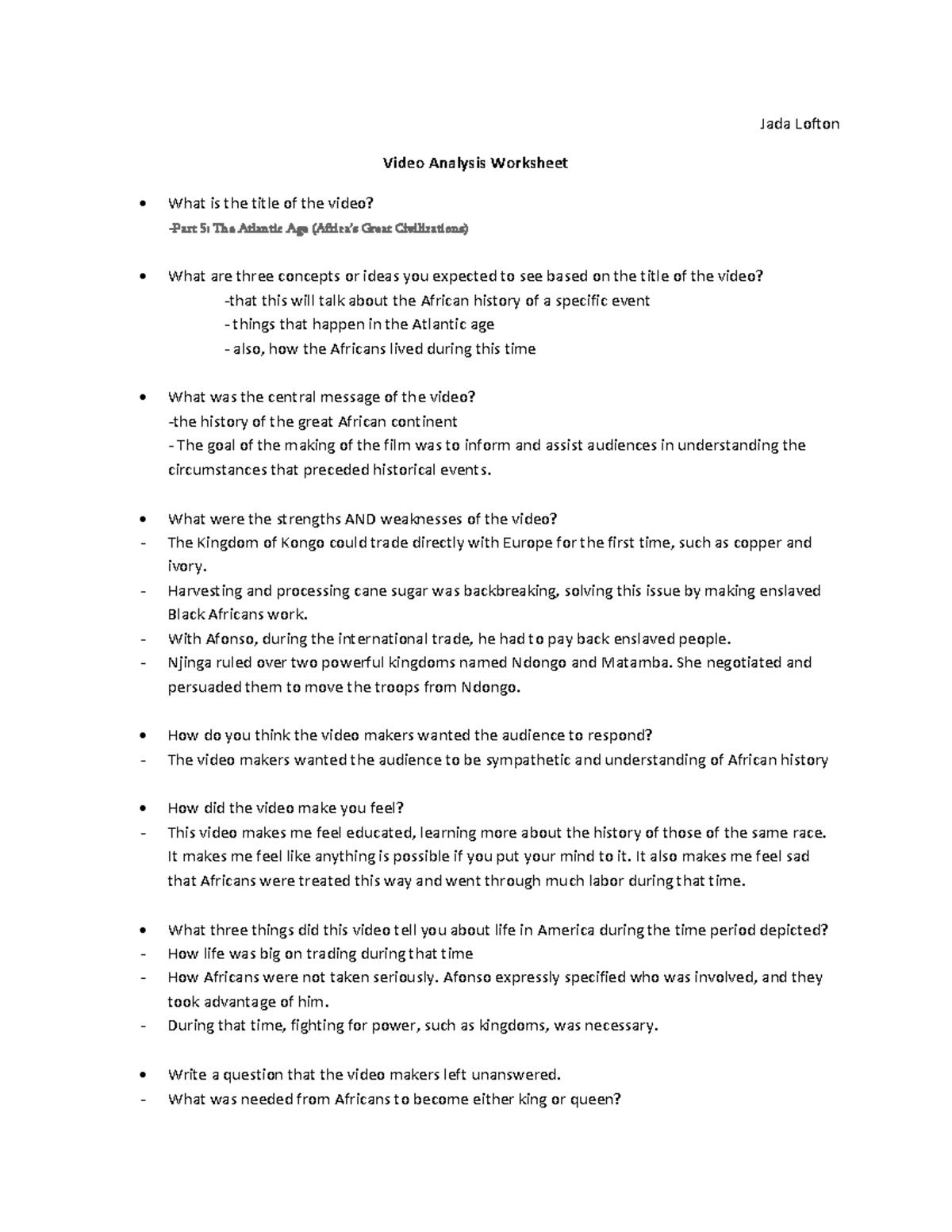 Video Analysis Worksheet - Jada Lofton Video Analysis Worksheet What is ...