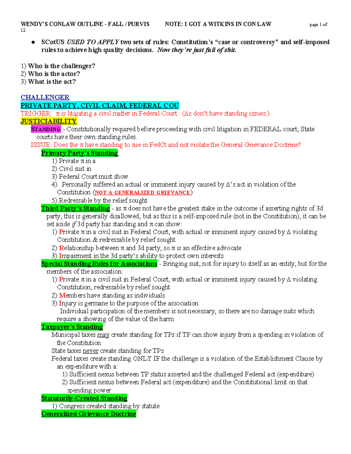 Copy of Wendy's Con Law Outline - Purvis 102913 - 12 SCotUS USED TO ...