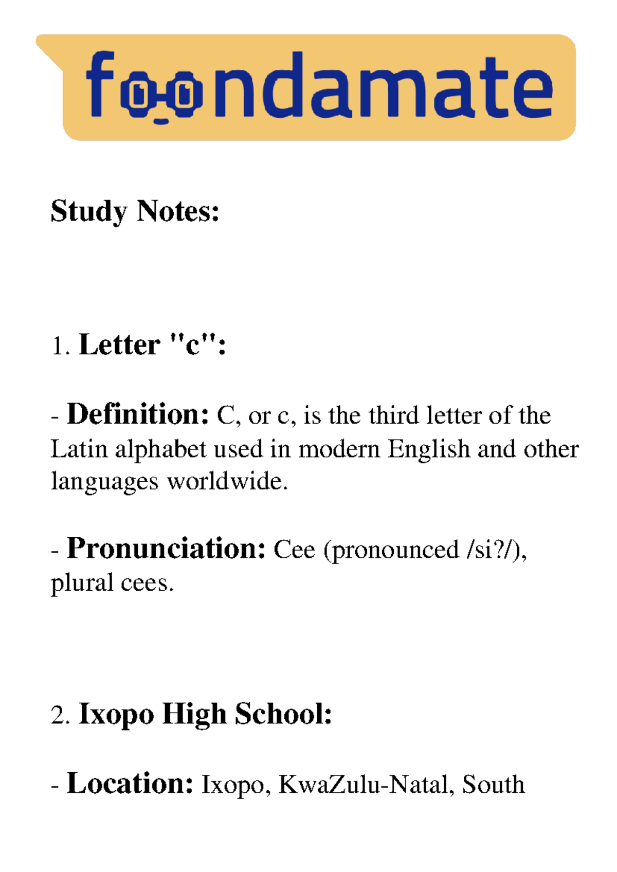 Your study session summary - Study Notes: 1. Letter "c": - Definition ...