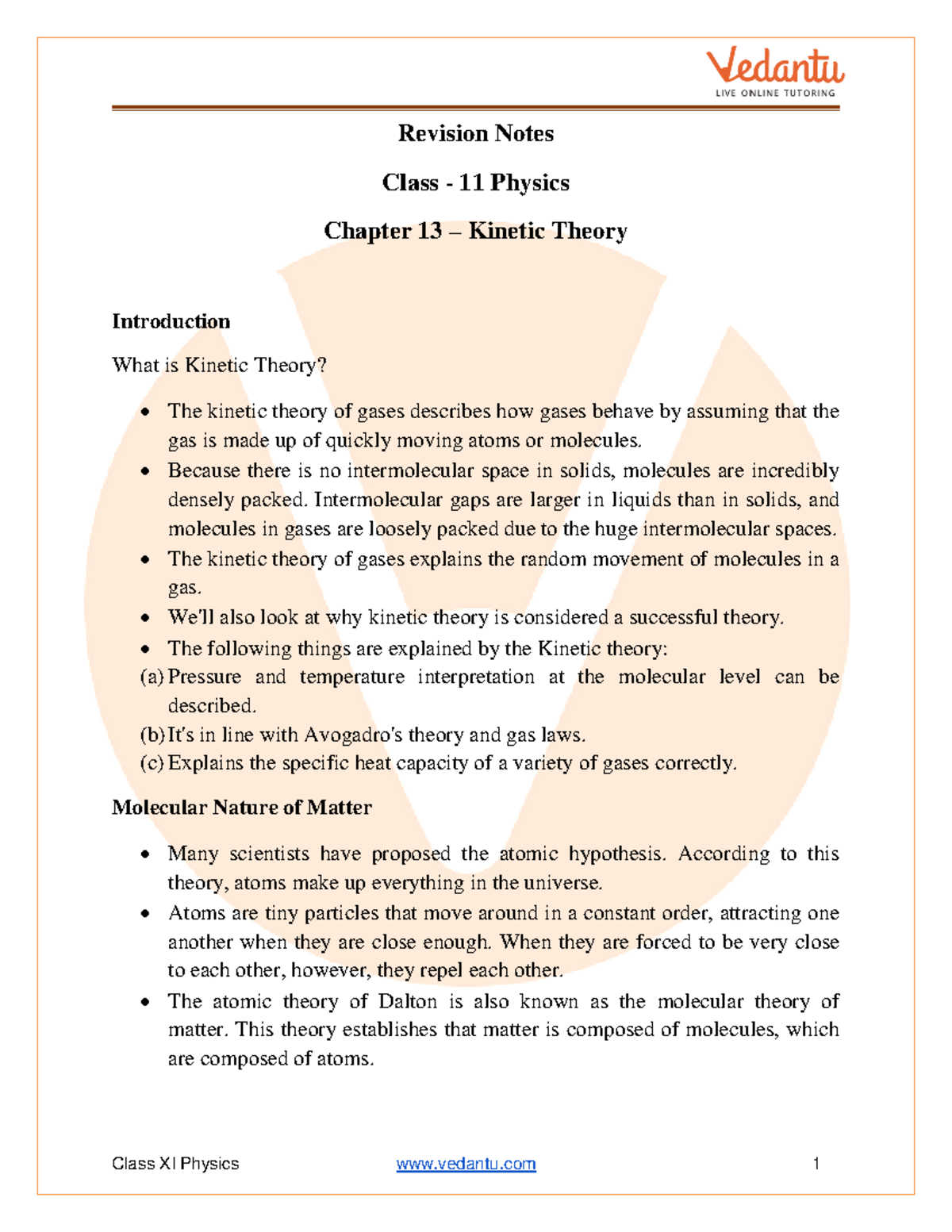 Class 11 Physics Revision Notes Kinetic Theory - Revision Notes Class ...