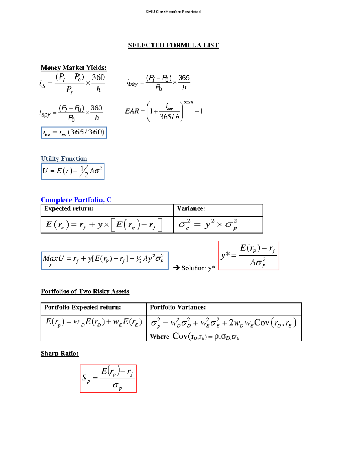 Selected Formula LIST (FMI Midterm Exam) - SMU Classification ...