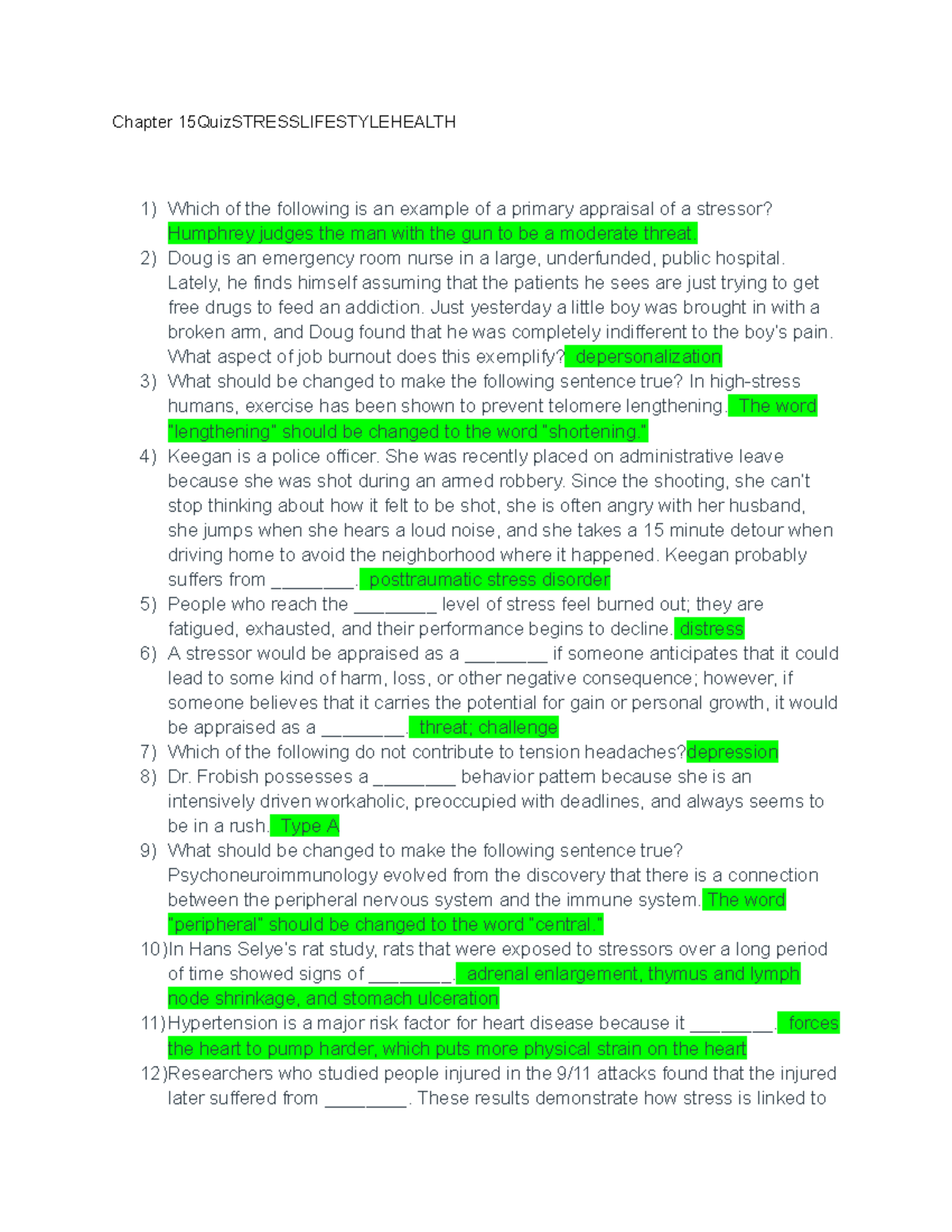 Chapter 15Quiz Stresslifestylehealth - Chapter ...