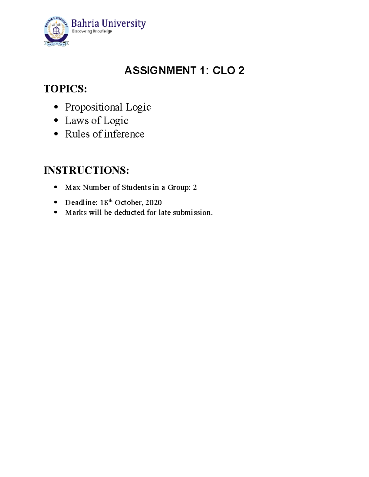 Assignment 1 FM 12102020 111832 am - ASSIGNMENT 1: CLO 2 TOPICS: Propositional Logic Laws of ...