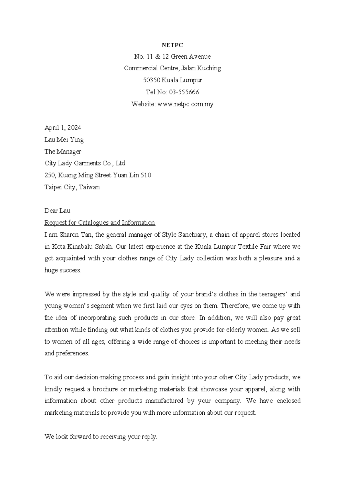 Practice 2 EWC LETTER - NETPC No. 11 & 12 Green Avenue Commercial ...