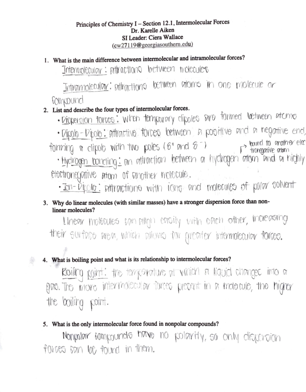 Intermolecular Forces Answer Key - Principles of Chemistry I - Section ...