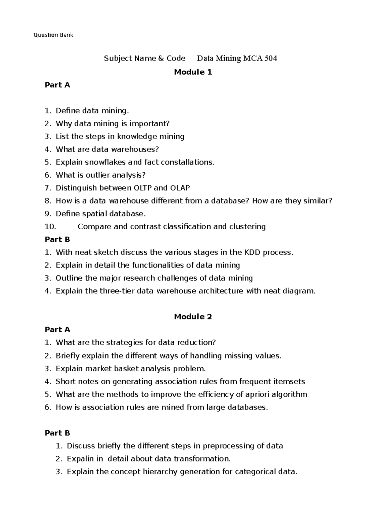 Question bank-DM - Question Bank Subject Name & Code Data Mining MCA ...