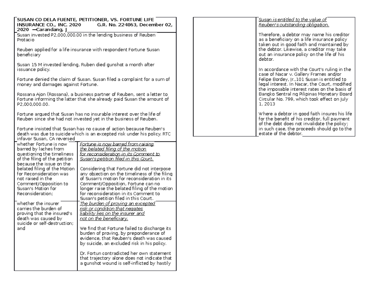 Susan Co Dela Fuente vs. Fortune Life Insurance Co - SUSAN CO DELA ...