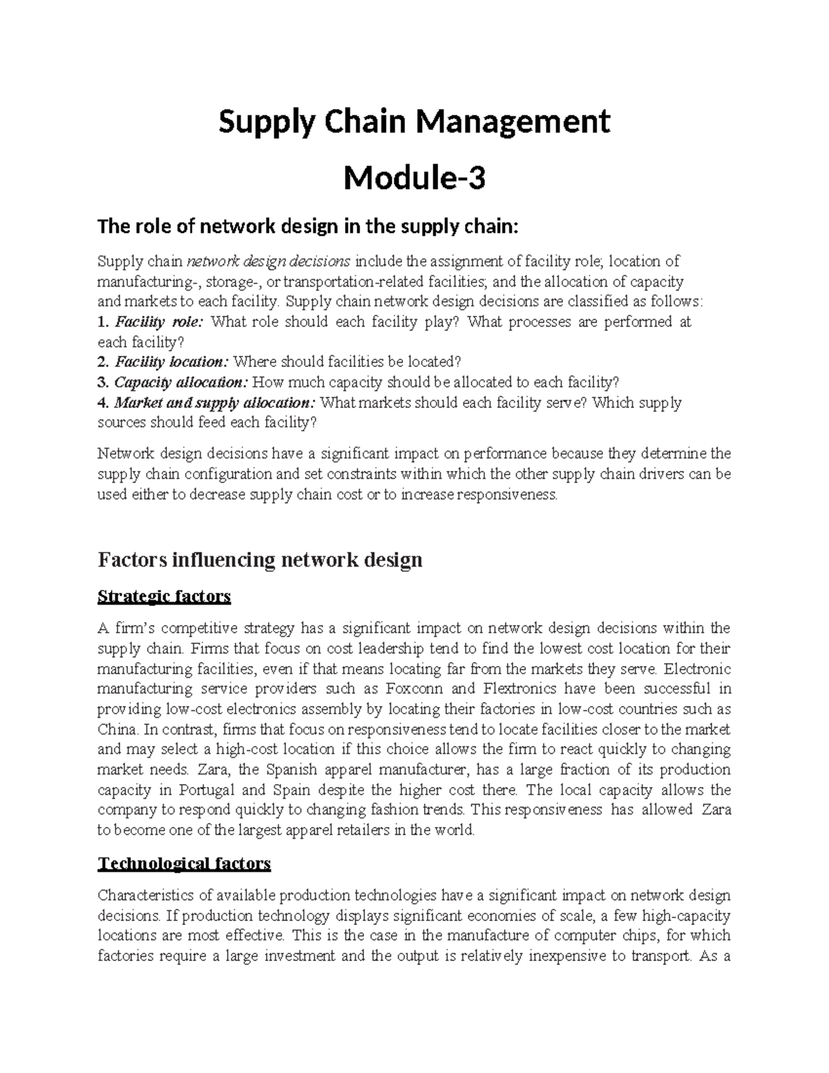 SCM Module 3 notes - Supply Chain Management Module- The role of ...