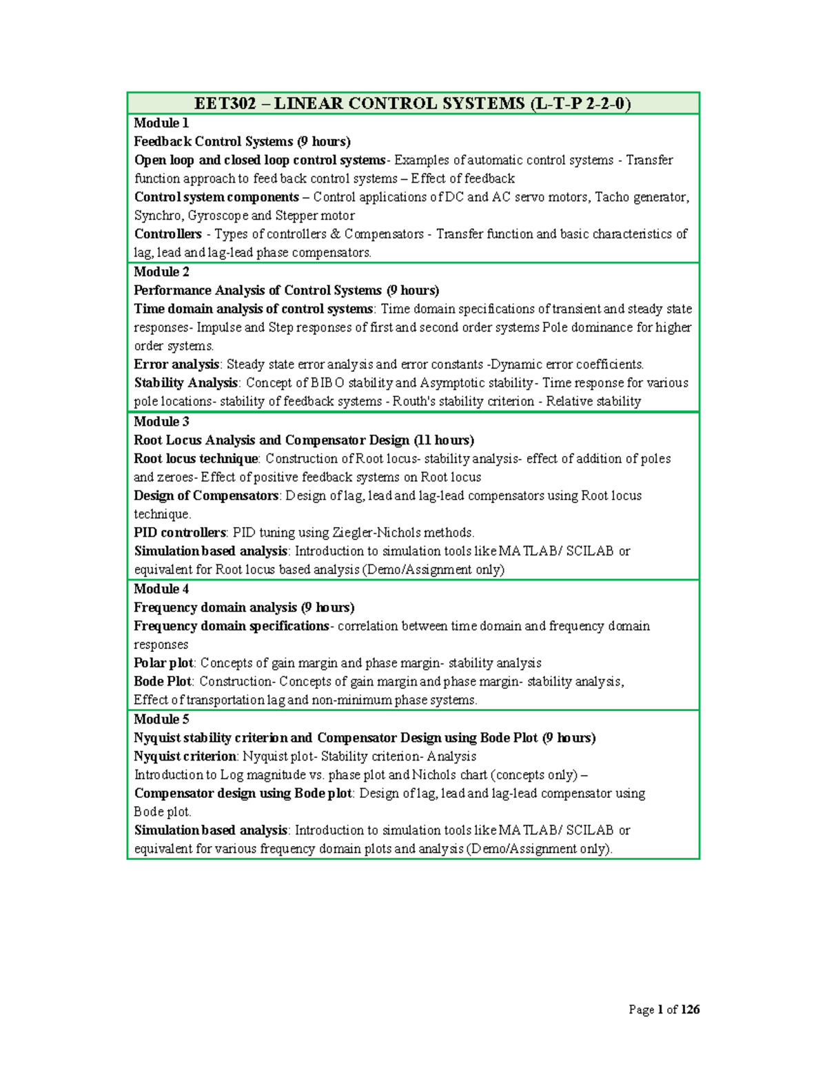 LCS Lecture Notes Series Test 01 - EET302 – LINEAR CONTROL SYSTEMS (L-T ...