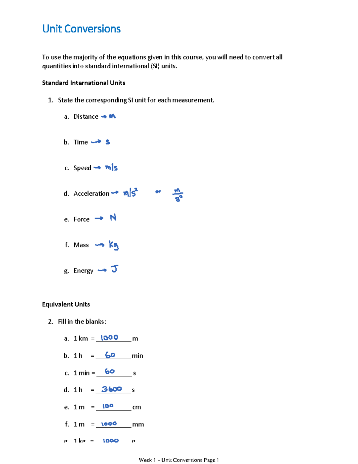 Unit Conversions solutions - To use the majority of the equations given ...