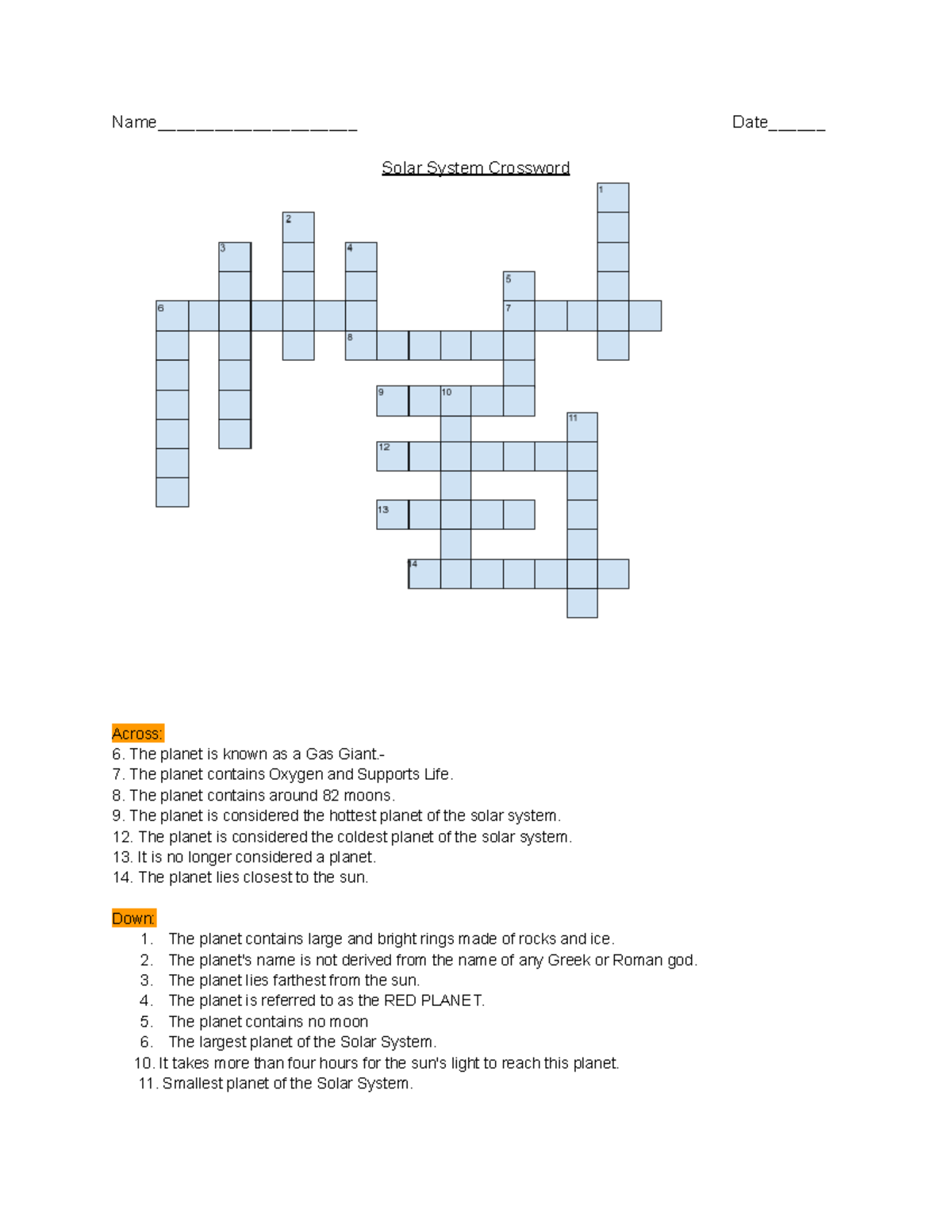 Solar system worksheet - Name_____________________ Date______ Solar ...