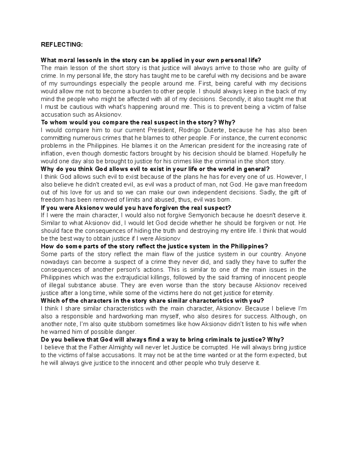 Reflecting - 111111 - REFLECTING: What moral lesson/s in the story can ...