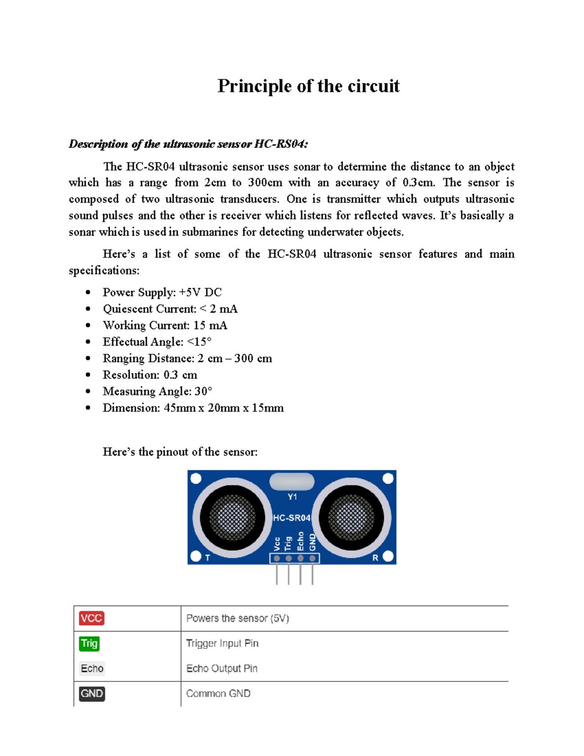 Principle of the circuit (Ultra sonic sensor) - Principle of the ...