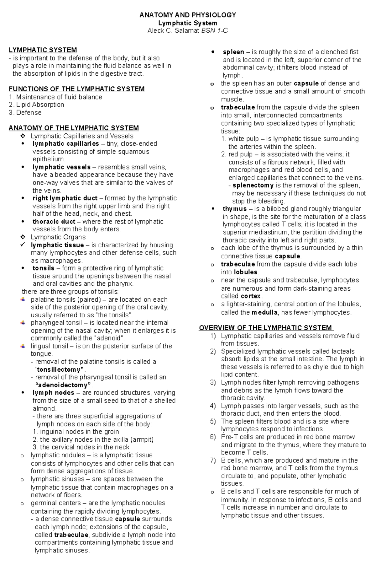 Lymphatic & Gastrointestinal Study Guide - LYMPHATIC SYSTEM is ...