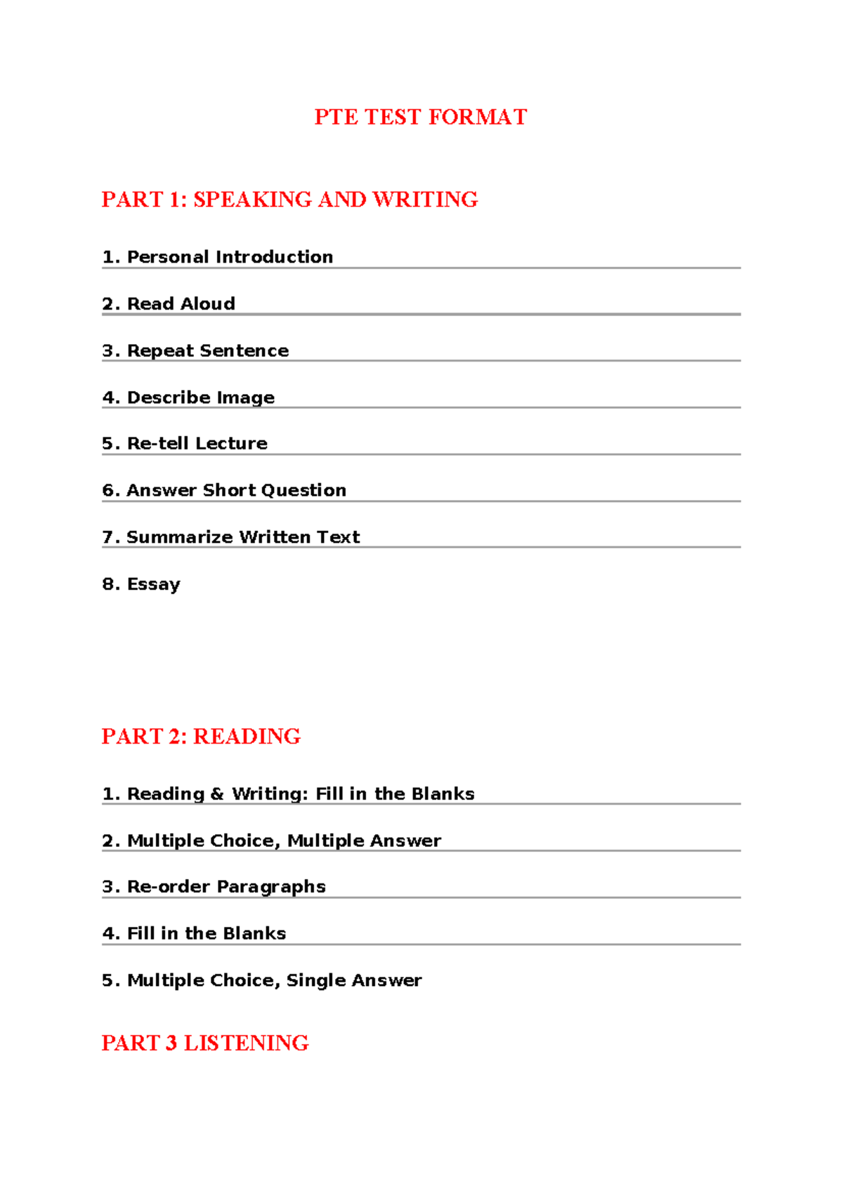 PTE Format - ENL00017 - PTE TEST FORMAT PART 1: SPEAKING AND WRITING 1 ...