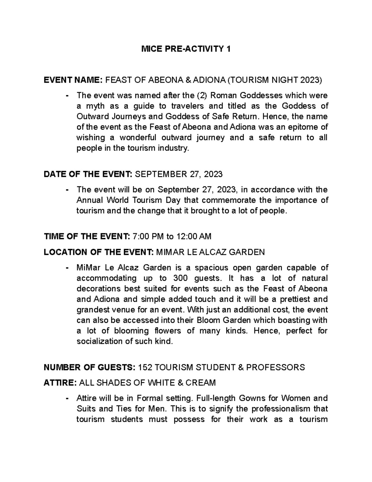 MICE PRE- Activity - MICE PRE-ACTIVITY 1 EVENT NAME: FEAST OF ABEONA ...