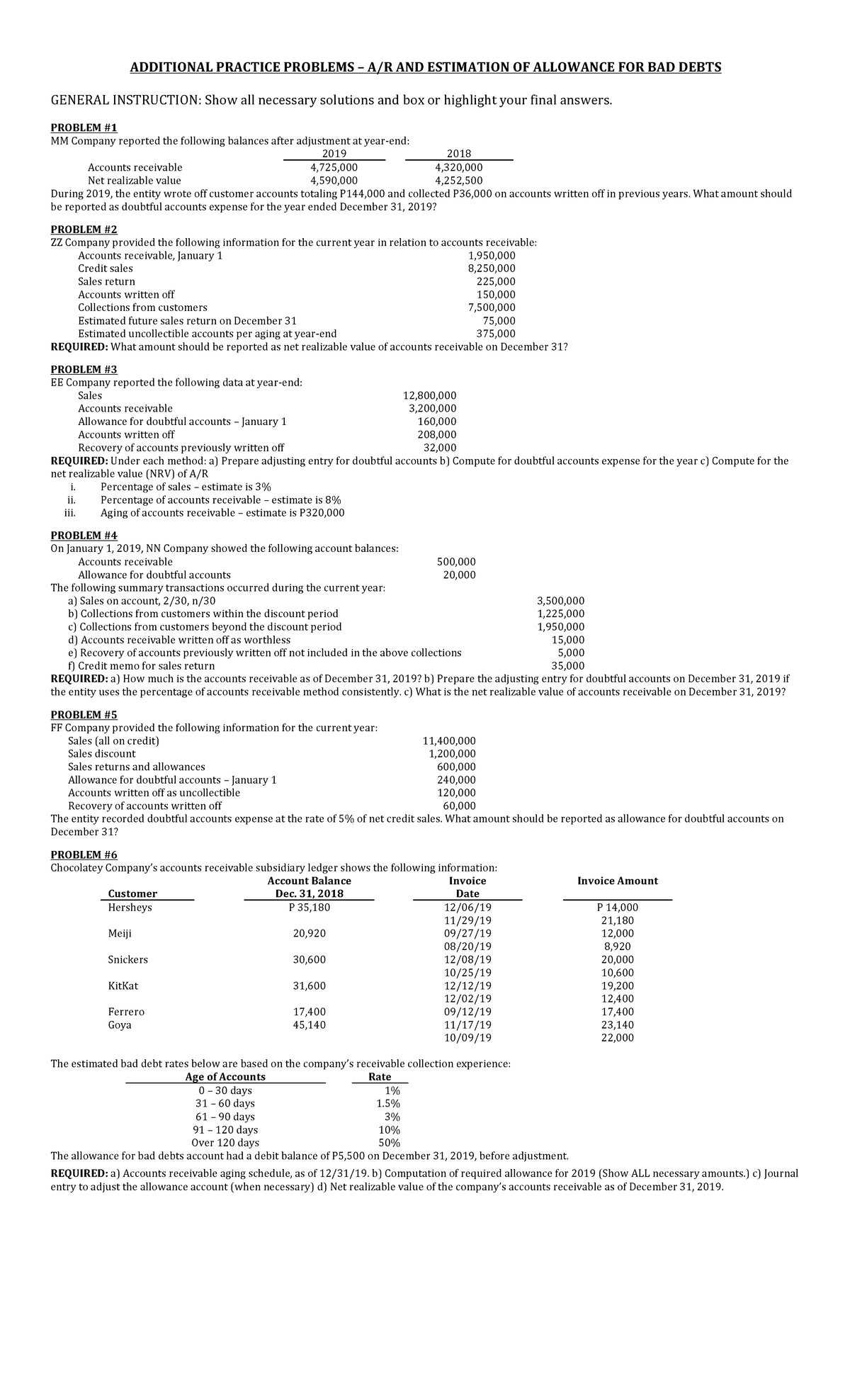 Accounts Receivable and Estimation - ADDITIONAL PRACTICE PROBLEMS – A/R ...