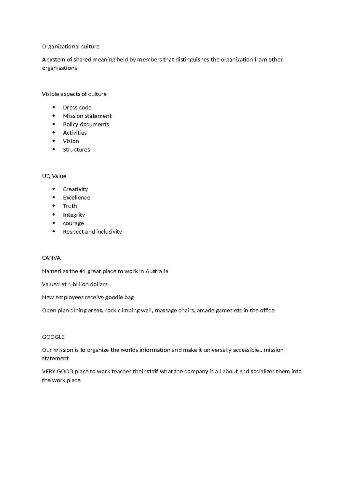 Week 12 Seminar notes MGTS - Organizational culture A system of shared ...