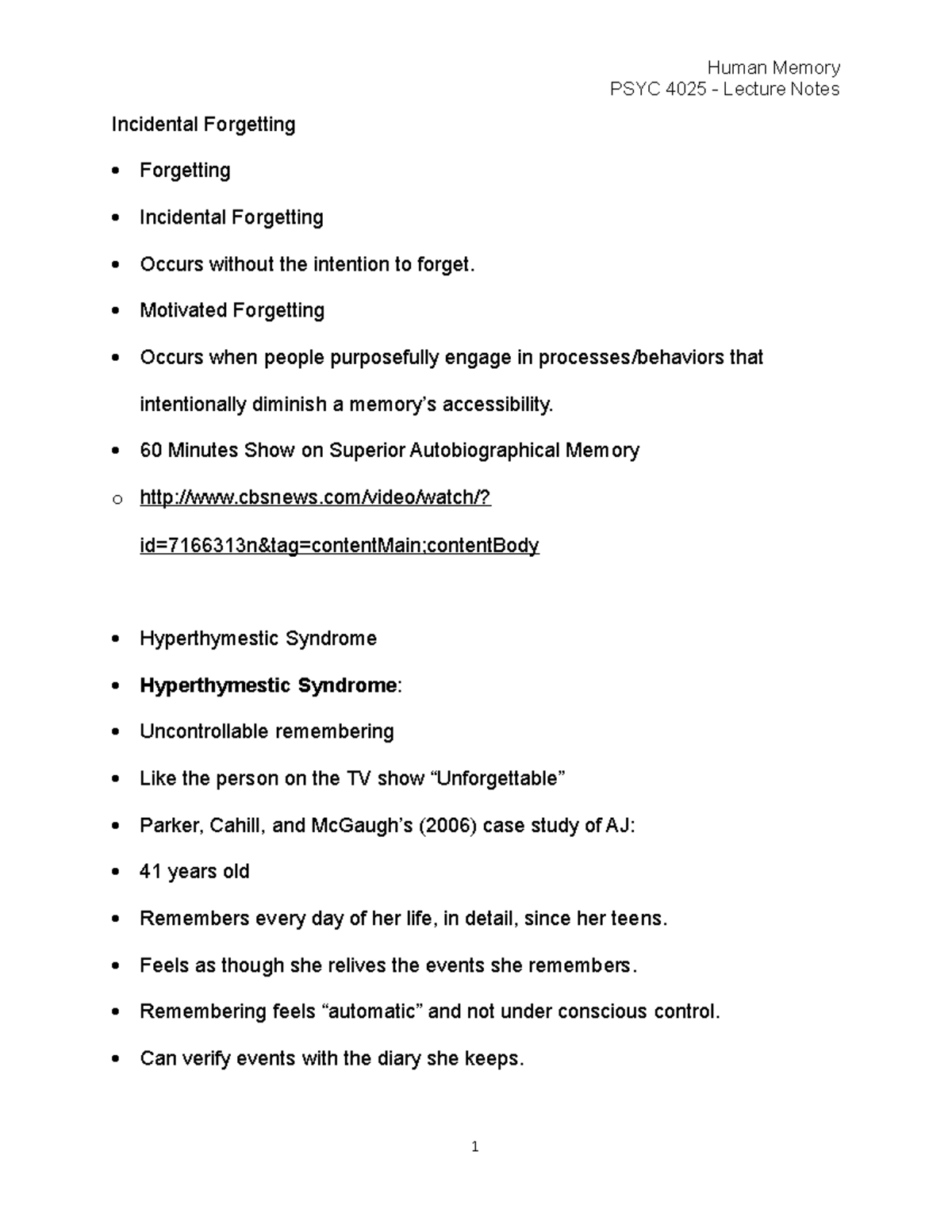 2021 Psyc 4025 Human Memory Lecture Notes Incidental Forgetting Incidental Forgetting
