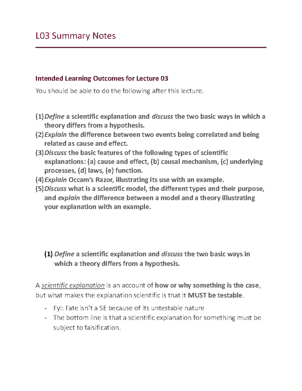 Summary for L03 - L03 Summary Notes Intended Learning Outcomes for ...