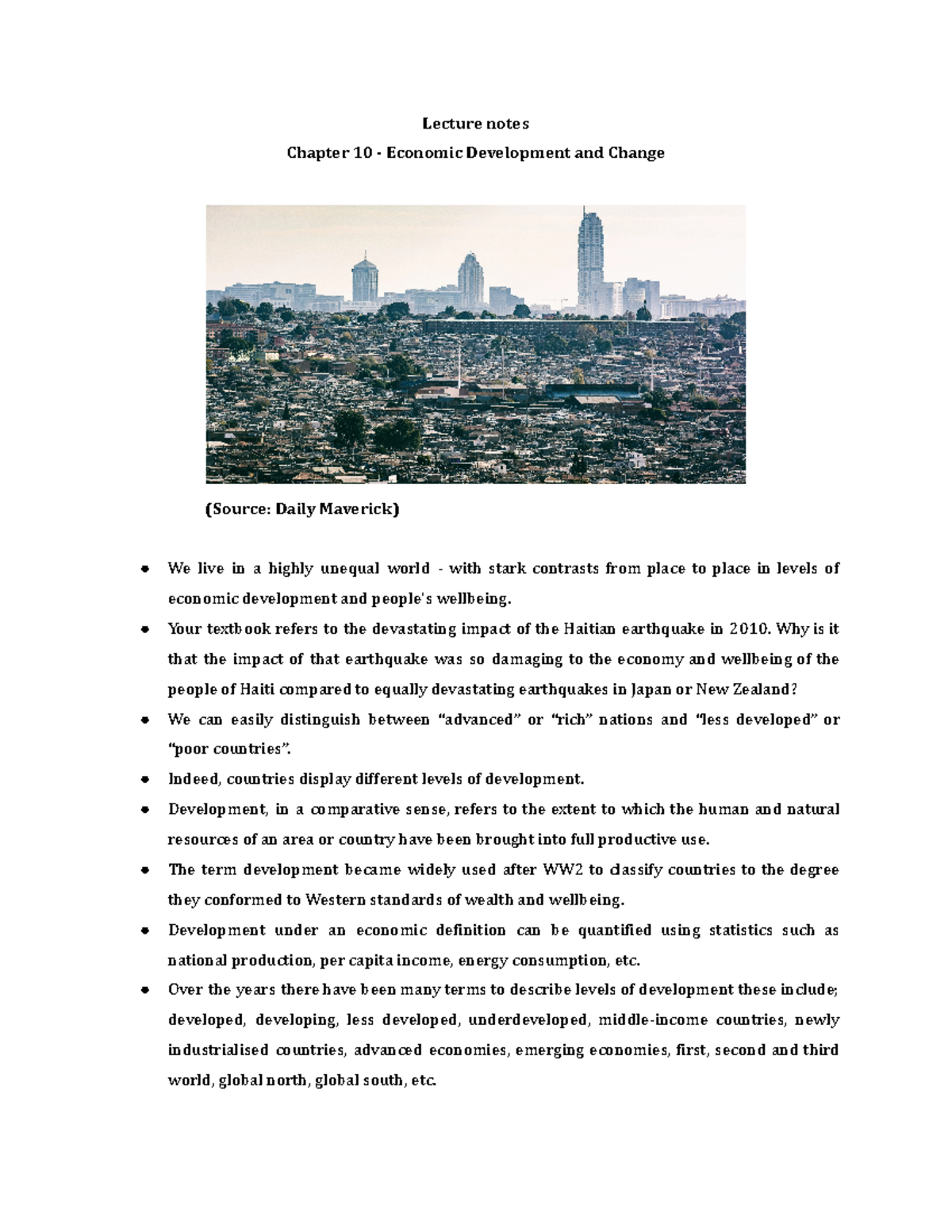 Lecture 15 Economic Development and Change - Lecture notes Chapter 10 ...