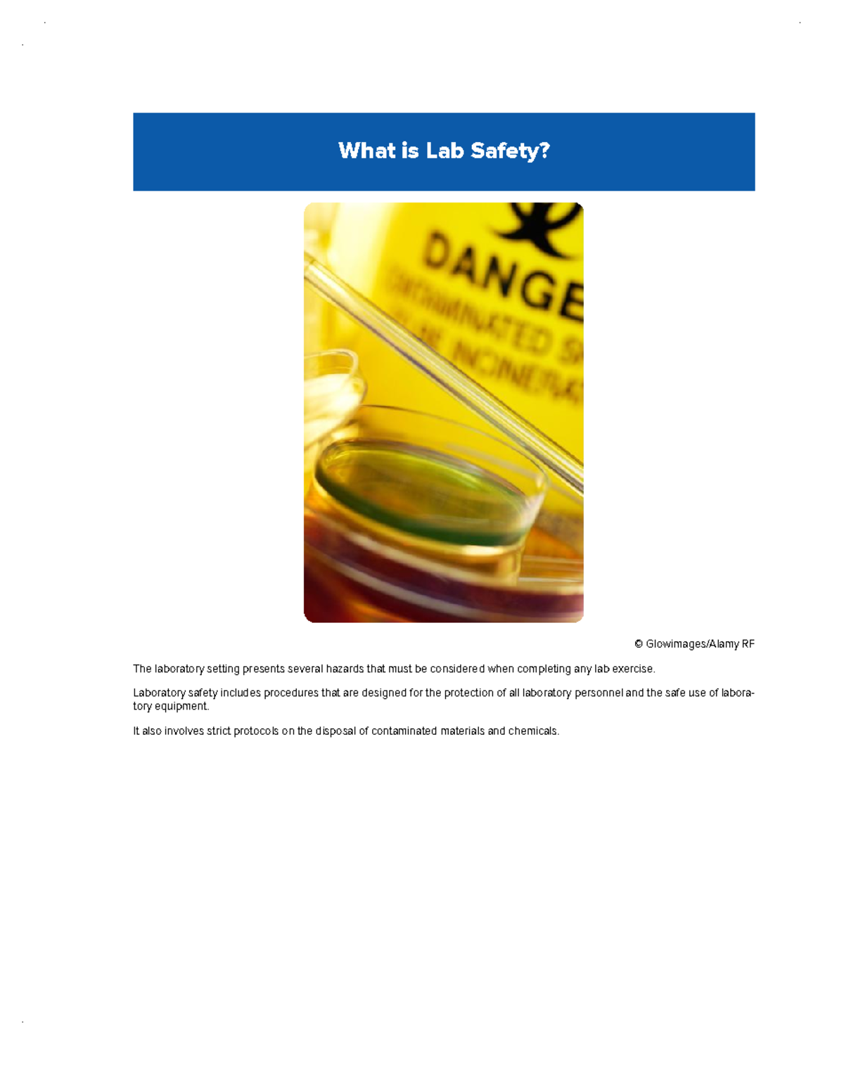 Lab Safety Pre lab - What is Lab Safety? © Glowimages/Alamy RF The ...