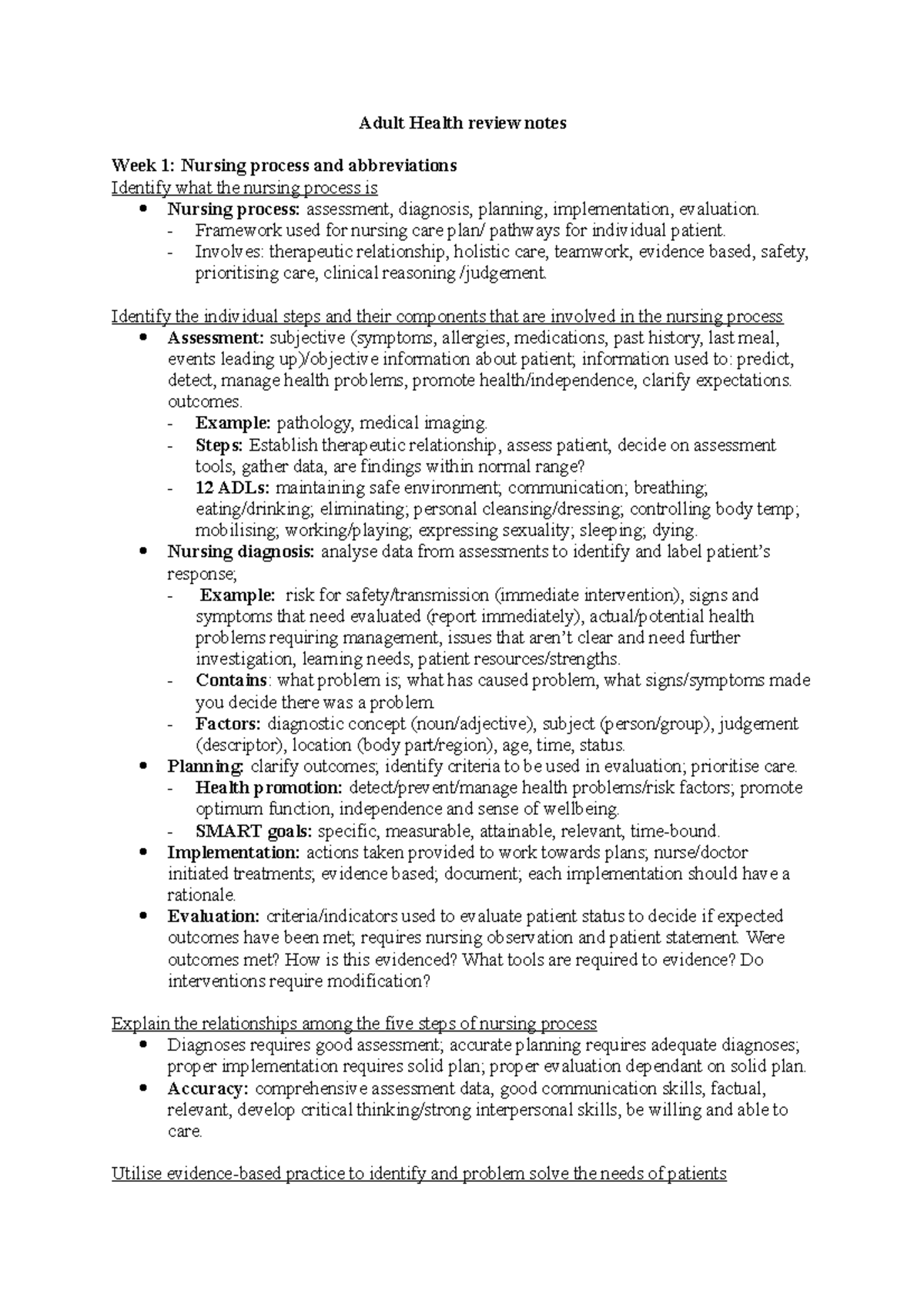 Adult Health review notes - Framework used for nursing care pathways ...