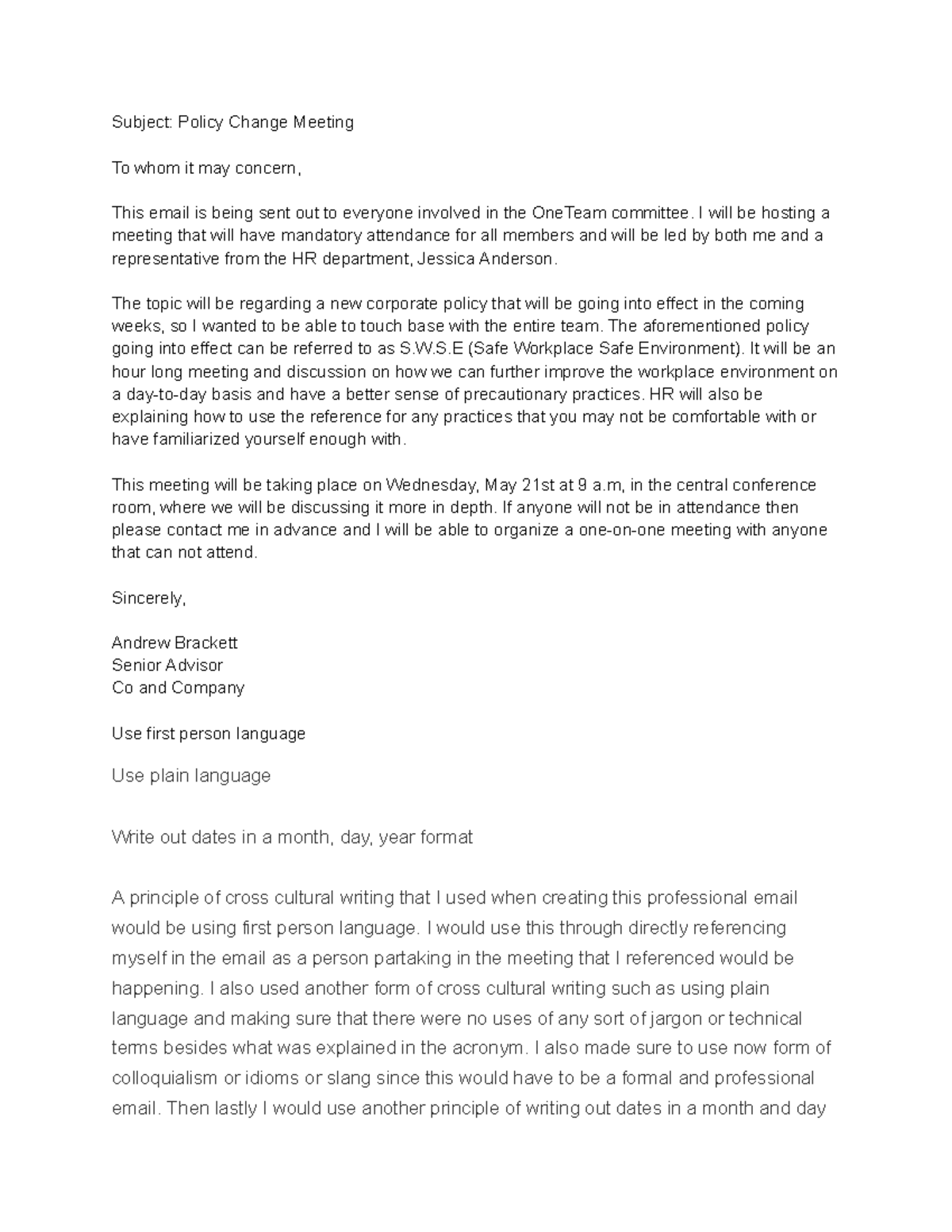 Email - Task 1 - Subject: Policy Change Meeting To whom it may concern ...