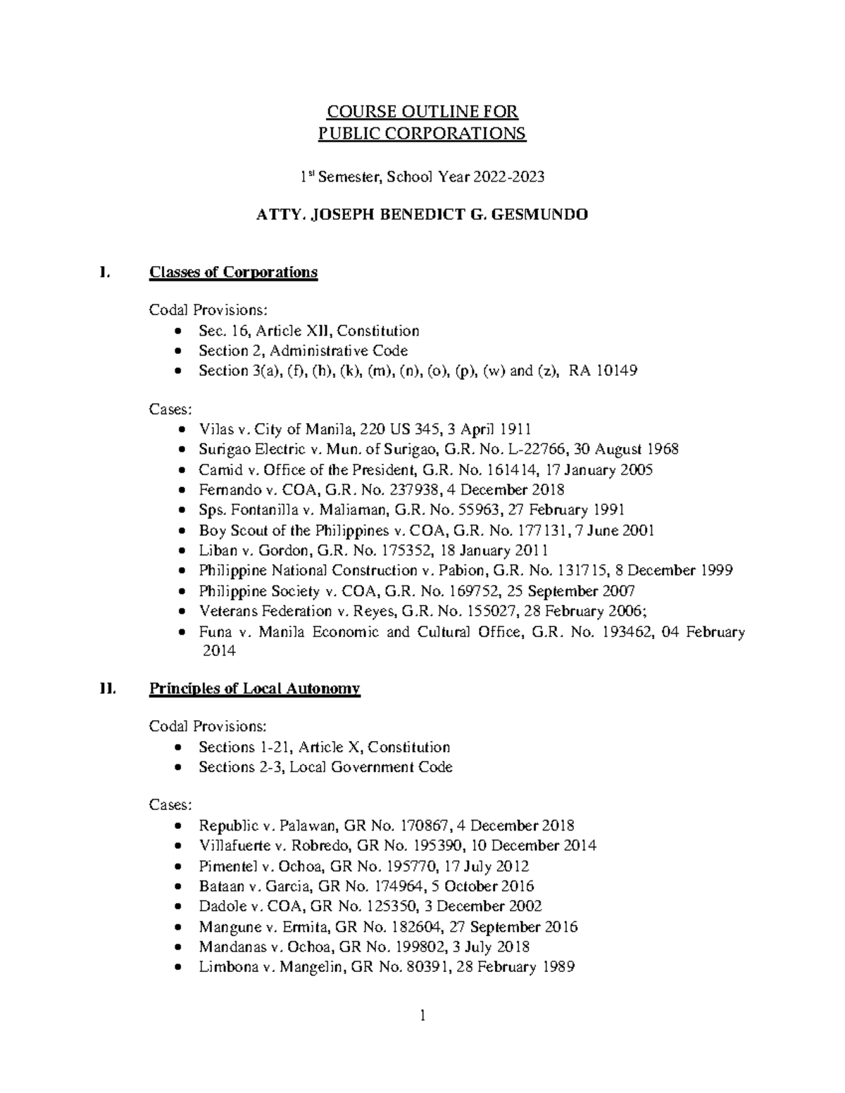 Course Outline - COURSE OUTLINE FOR PUBLIC CORPORATIONS 1 st Semester ...