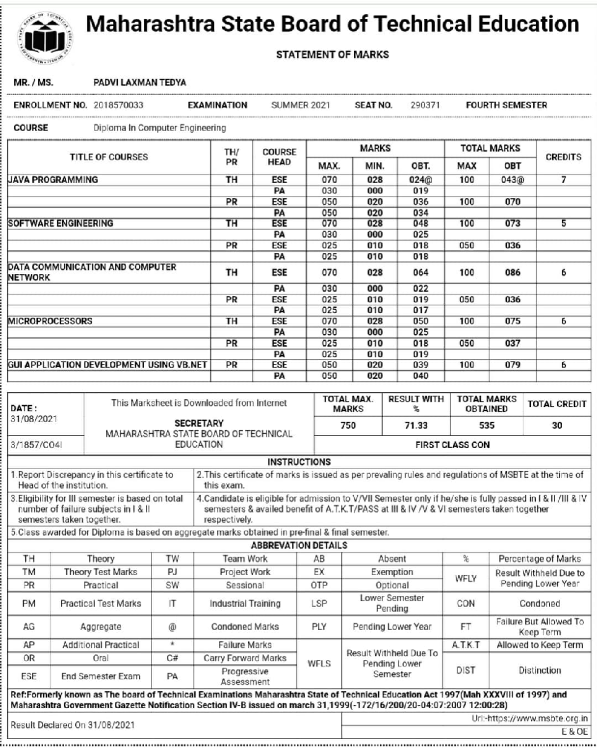 4th sem result - OK thanks - Maharashtra State Board of Technical ...