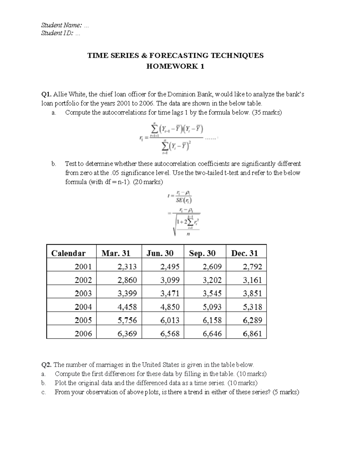 [TS] HW1 - Some math - Student Name: ... Student ID: ... TIME SERIES ...
