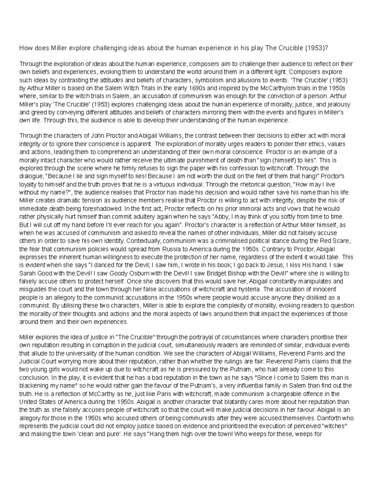 Angela Punnoose - The Crucible Essay - How does Miller explore ...