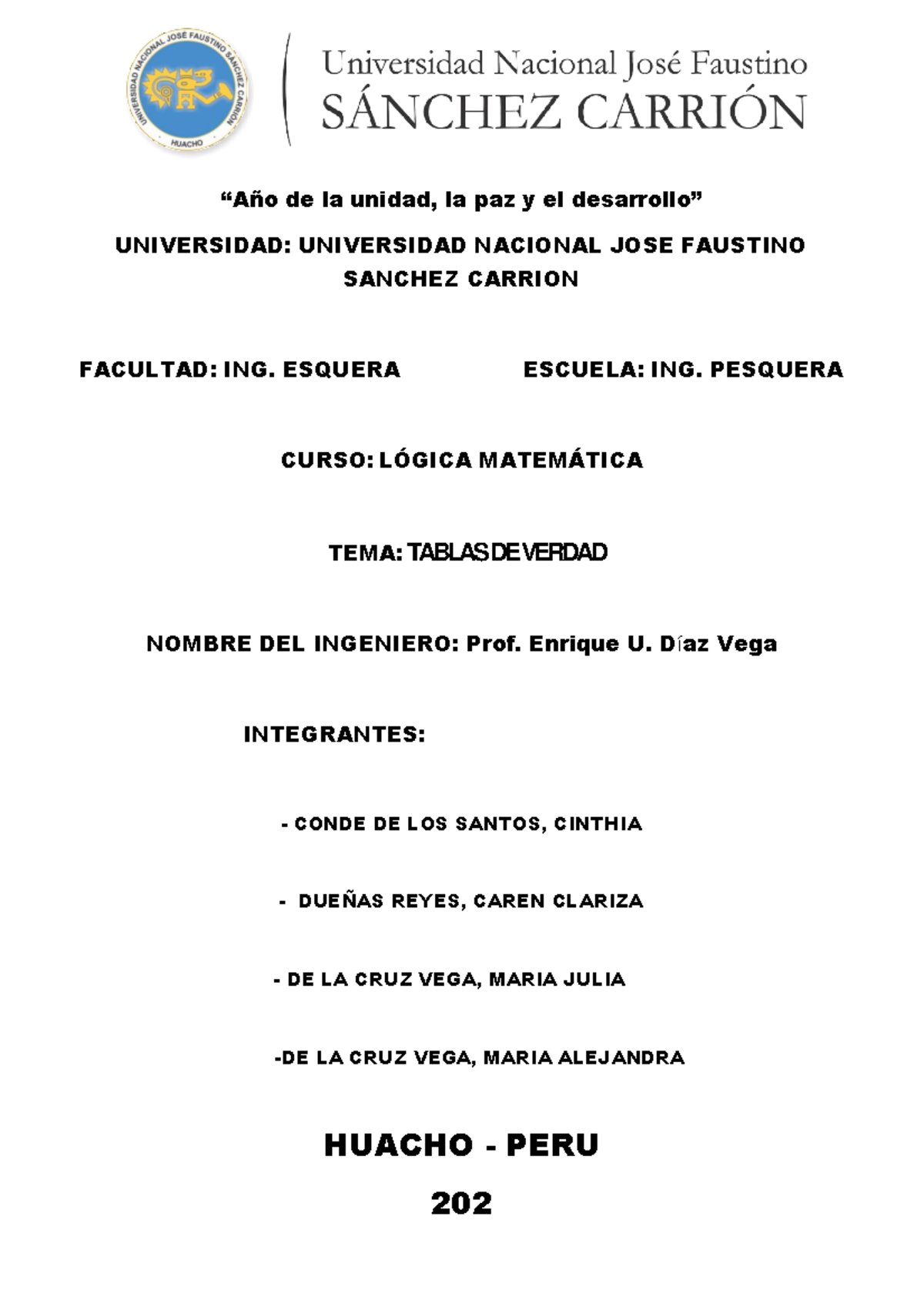 Tabla DE Verdad- Práctica 3 - Lógico Matemática - “Año de la unidad, la ...